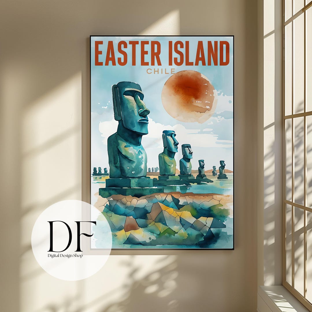 Vertical Travel Poster Art Print | Easter Island Moai Statue Watercolor ...