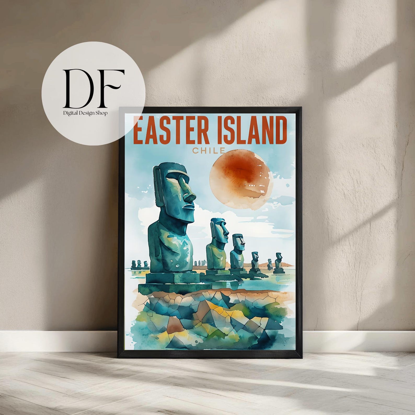 Easter Island Chile Printable Wall Art | Moai Statue Watercolor Poster ...