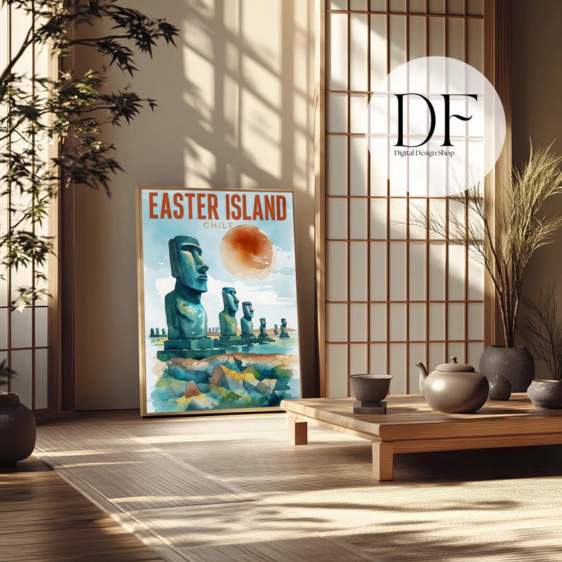 Easter Island Chile Printable Wall Art | Moai Statue Watercolor Poster ...
