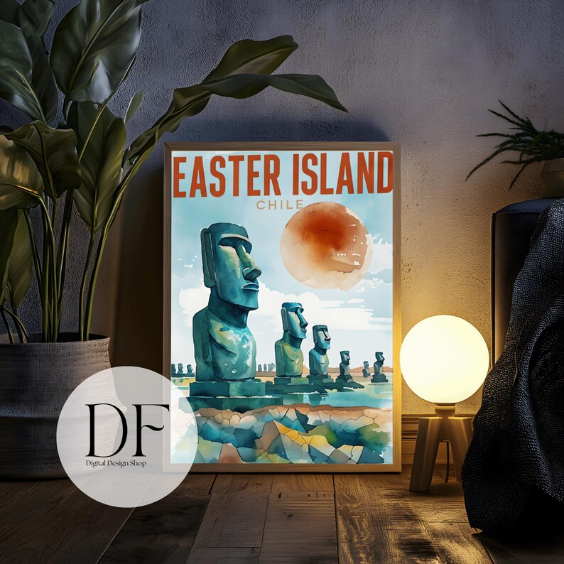 Easter Island Chile Printable Wall Art | Moai Statue Watercolor Poster ...