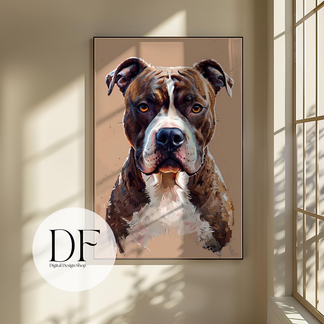 Realistic Pitbull Dog Wall Art Printable | Digital Dog Portrait ...