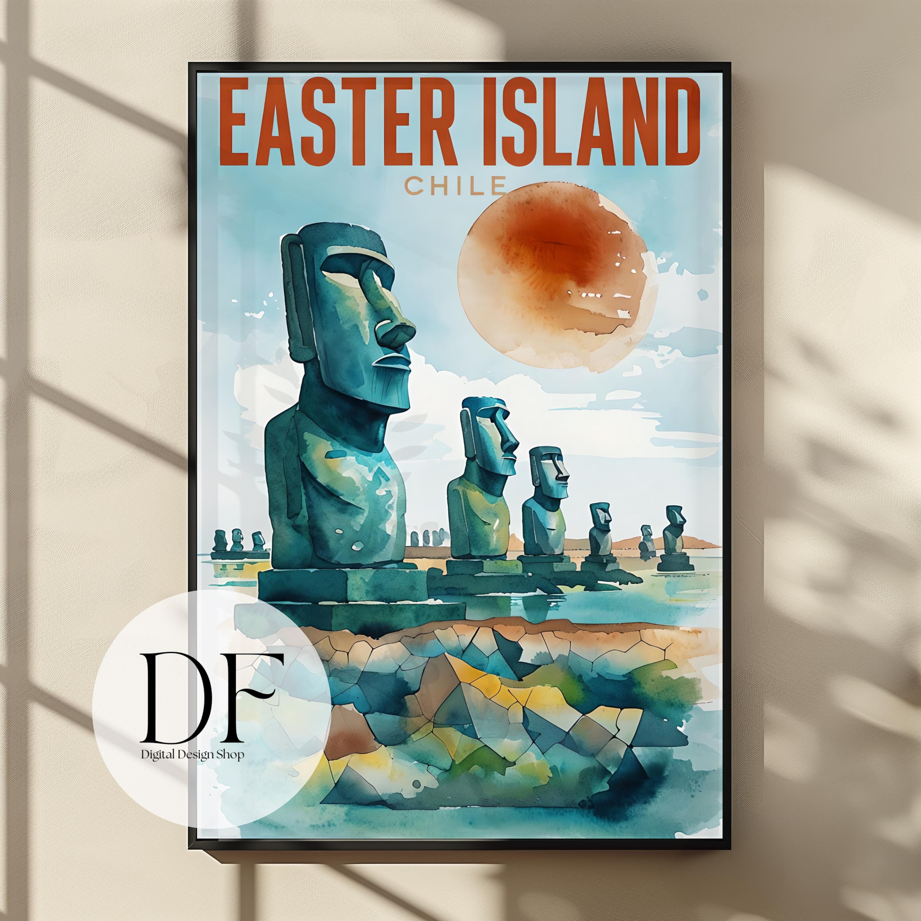 Easter Island Chile Printable Wall Art | Moai Statue Watercolor Poster ...
