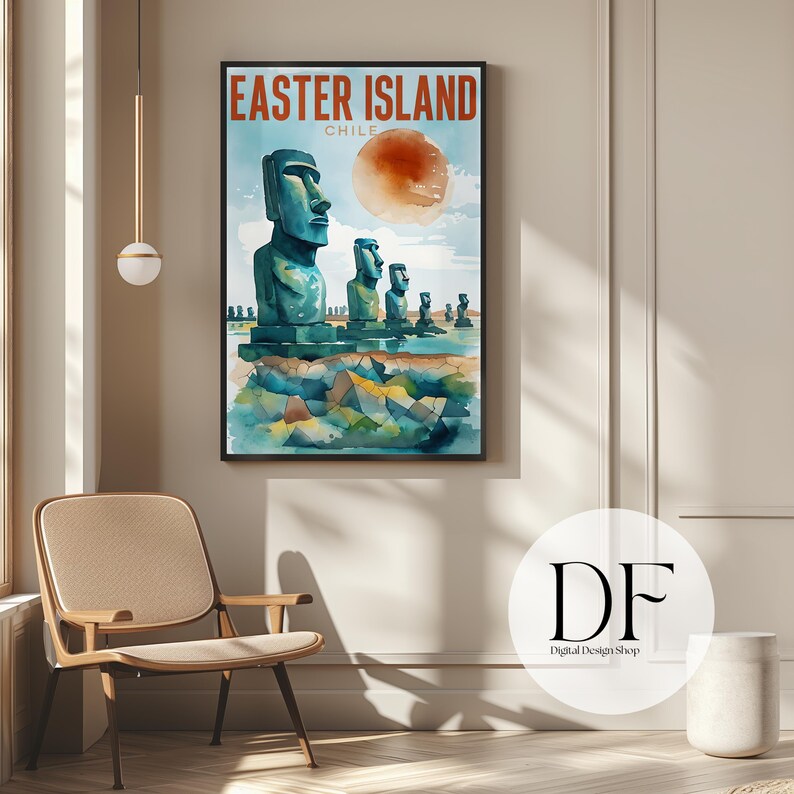 Easter Island Chile Printable Wall Art | Moai Statue Watercolor Poster ...