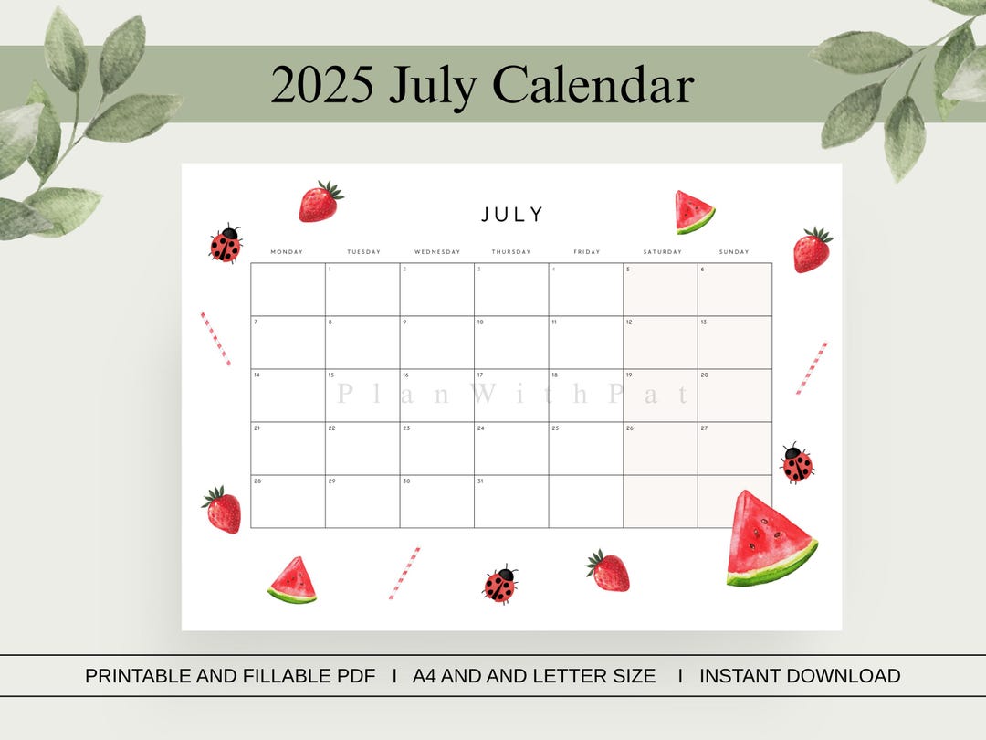 July 2025 Digital Printable Calendar | Summer Monthly Planner | Instant ...