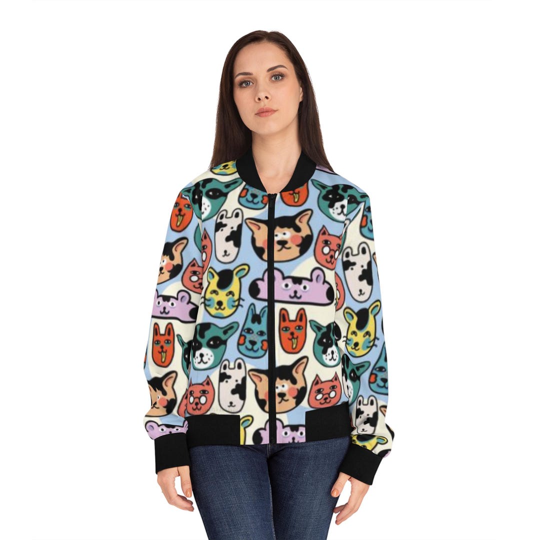 Colorful Cartoon Cat Faces Bomber Jacket | All-over Print - Etsy