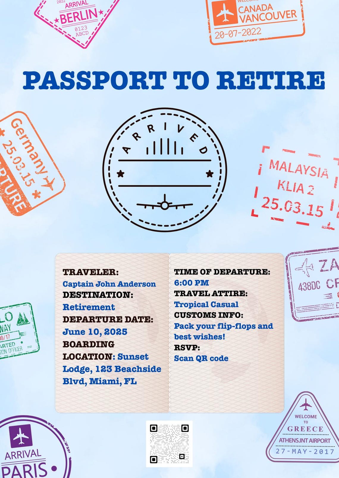 Retirement Invitation With QR Code, Editable, Travel Theme ...