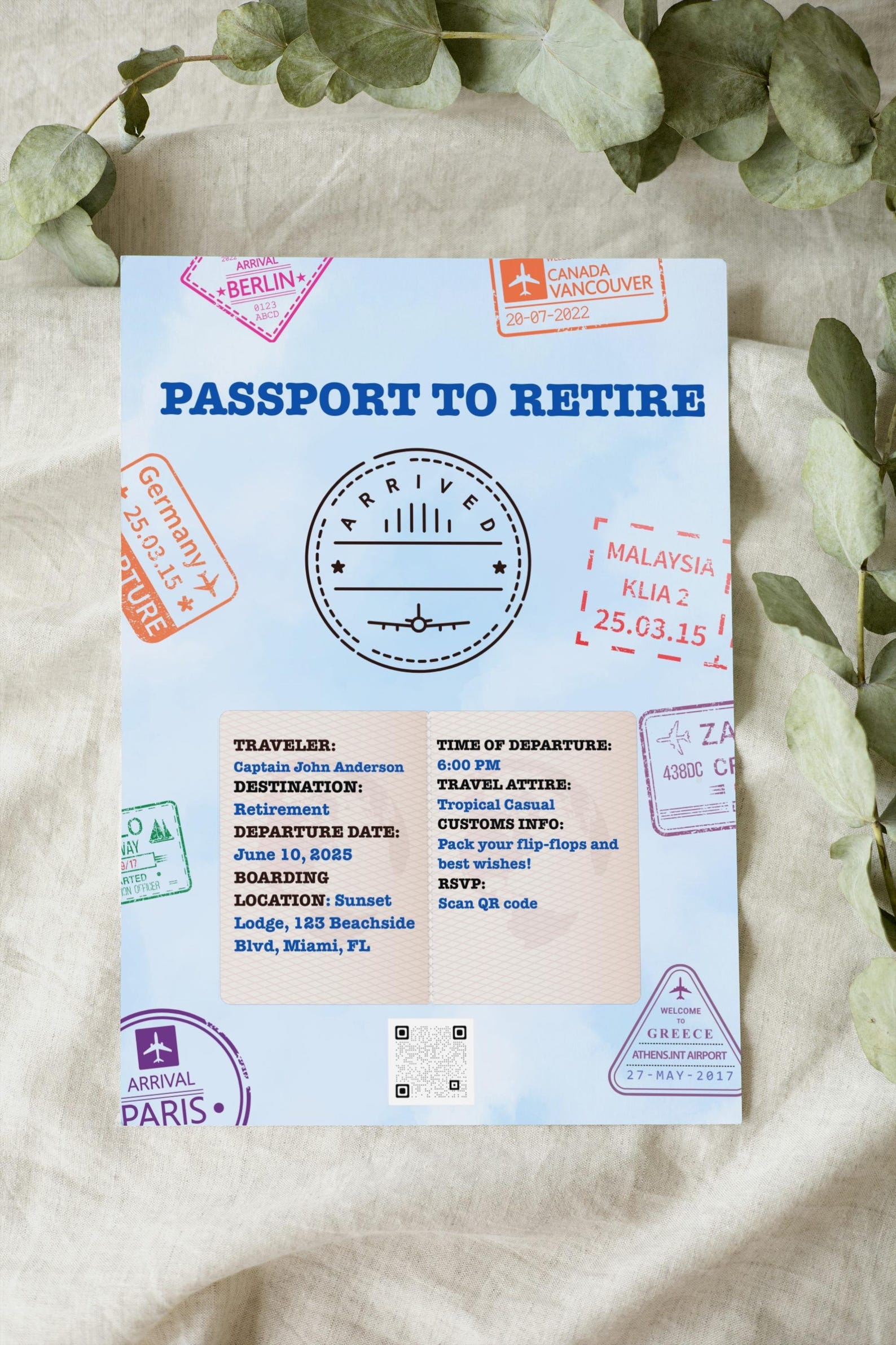 Retirement Invitation With QR Code, Editable, Travel Theme ...