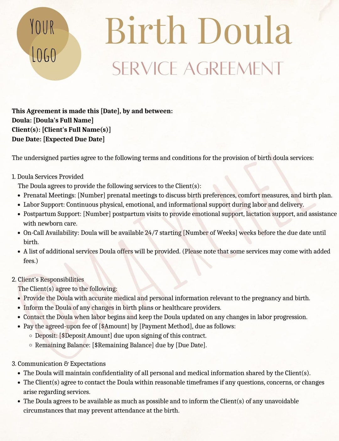 Birth Doula Agreement (customizable in Canva) - Etsy
