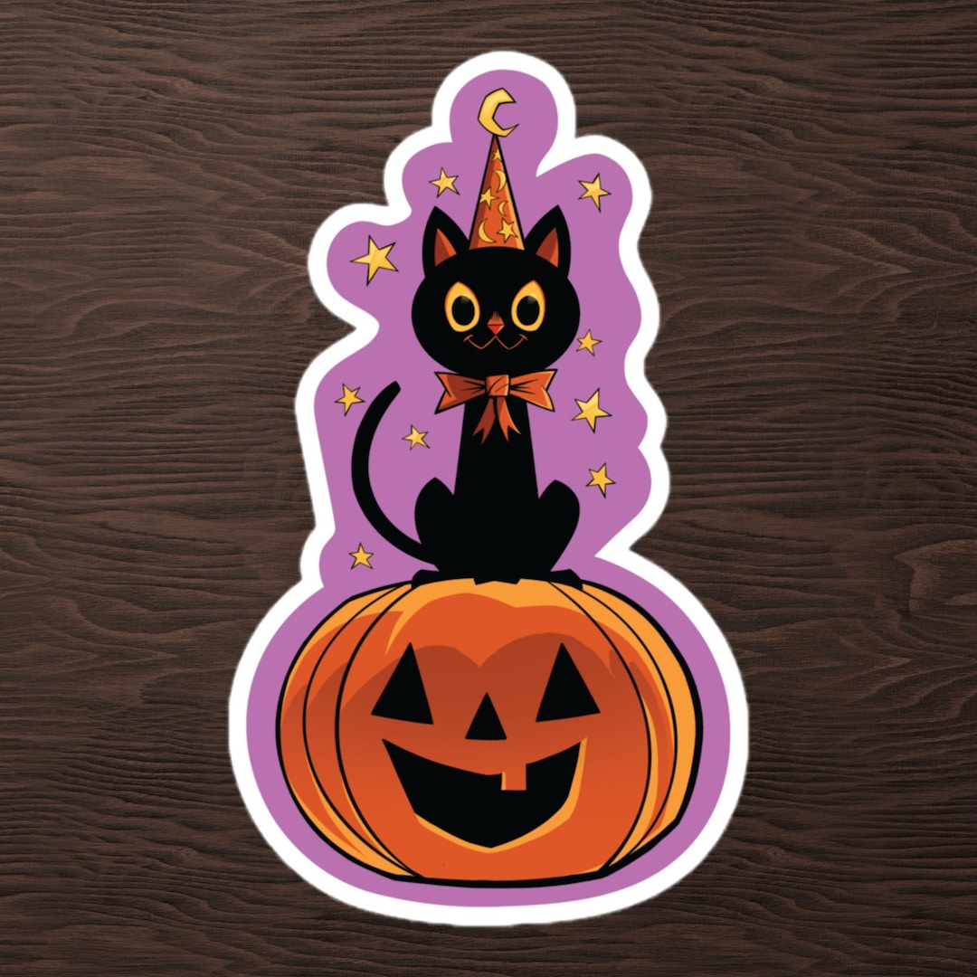 Black Cat Sitting on Jack-o-lantern Halloween Sticker, Spooky-cute ...