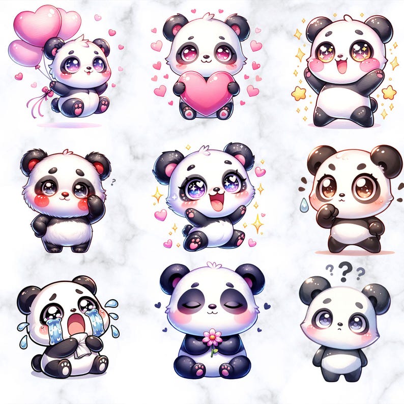 Chibi Panda Emotions Digital Sublimation DTF Clipart PNG Bundle, Kawaii ...