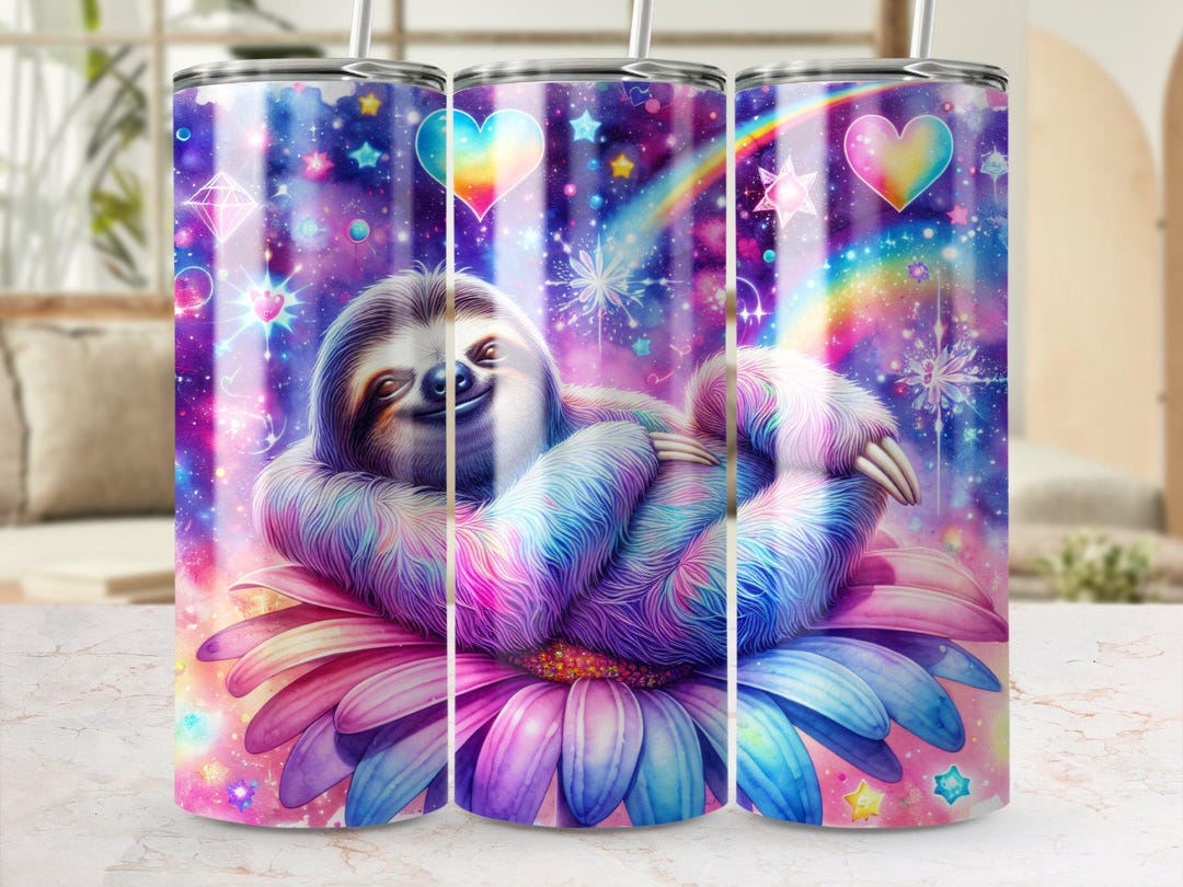 Rainbow Galaxy Sloth Sublimation PNG, Kids Sloth Tumbler Wrap, Neon ...