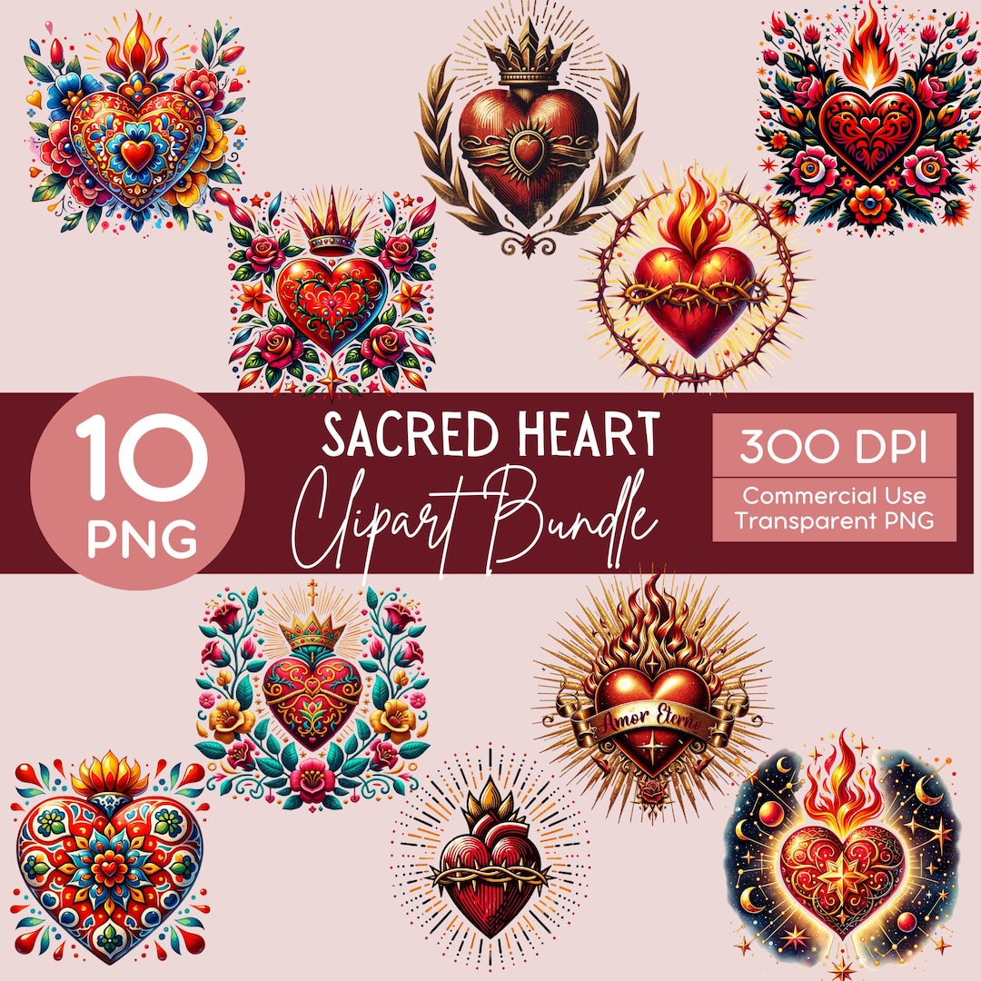 Watercolor Mexican Sacred Heart Clipart Bundle, Corazon Sagrado ...