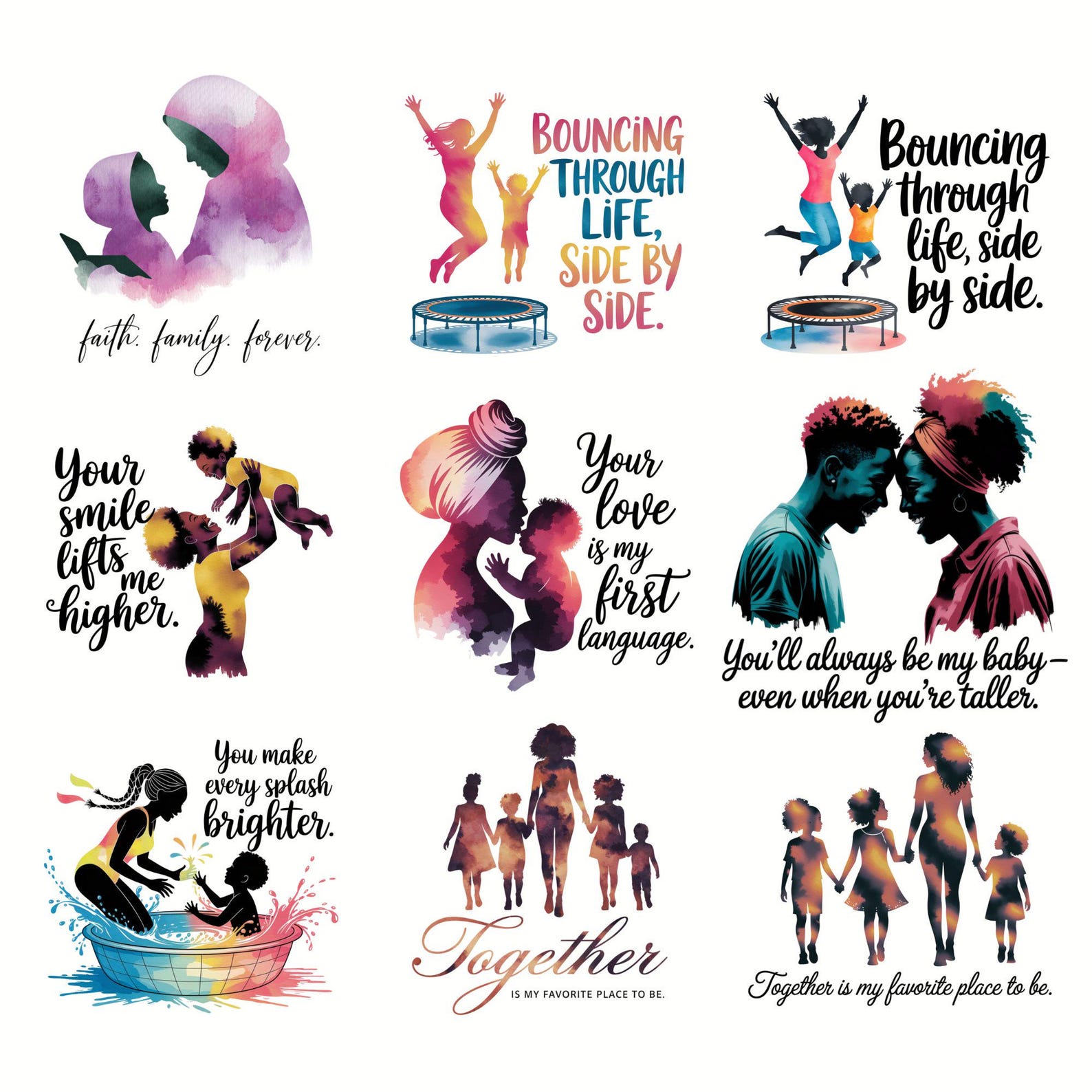 Mothers Day Clipart Quotes Bundle, Watercolor Silhouette Family Clip ...