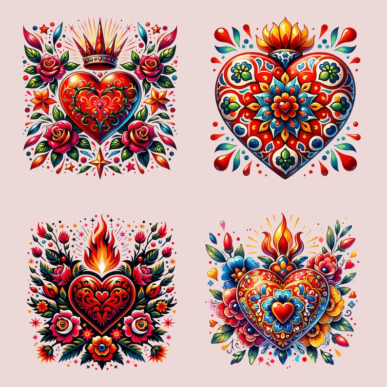 Watercolor Mexican Sacred Heart Clipart Bundle, Corazon Sagrado ...