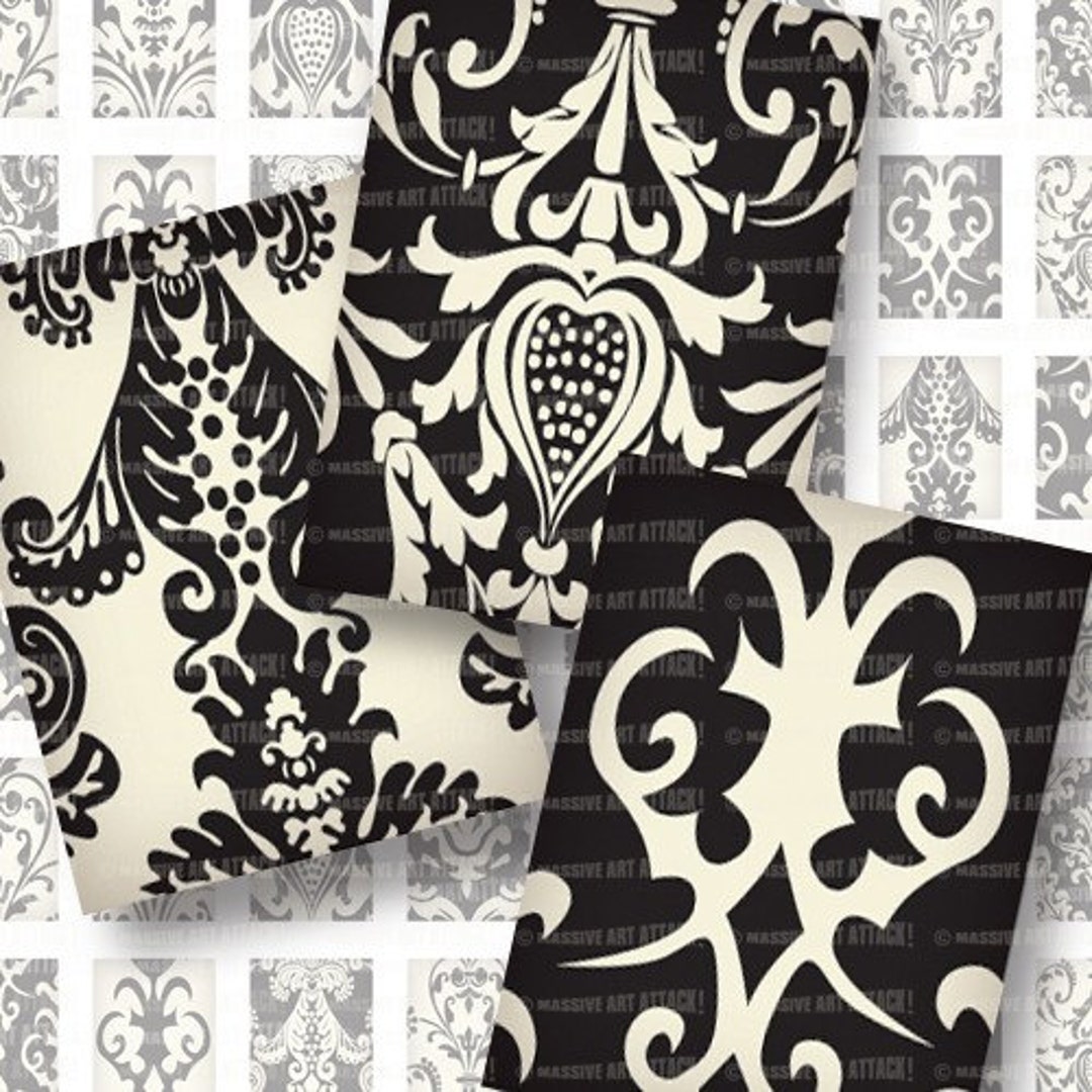 Ivory and Black Damask . Digital Collage Sheet 156 . 1 Inch X .75 Inch ...