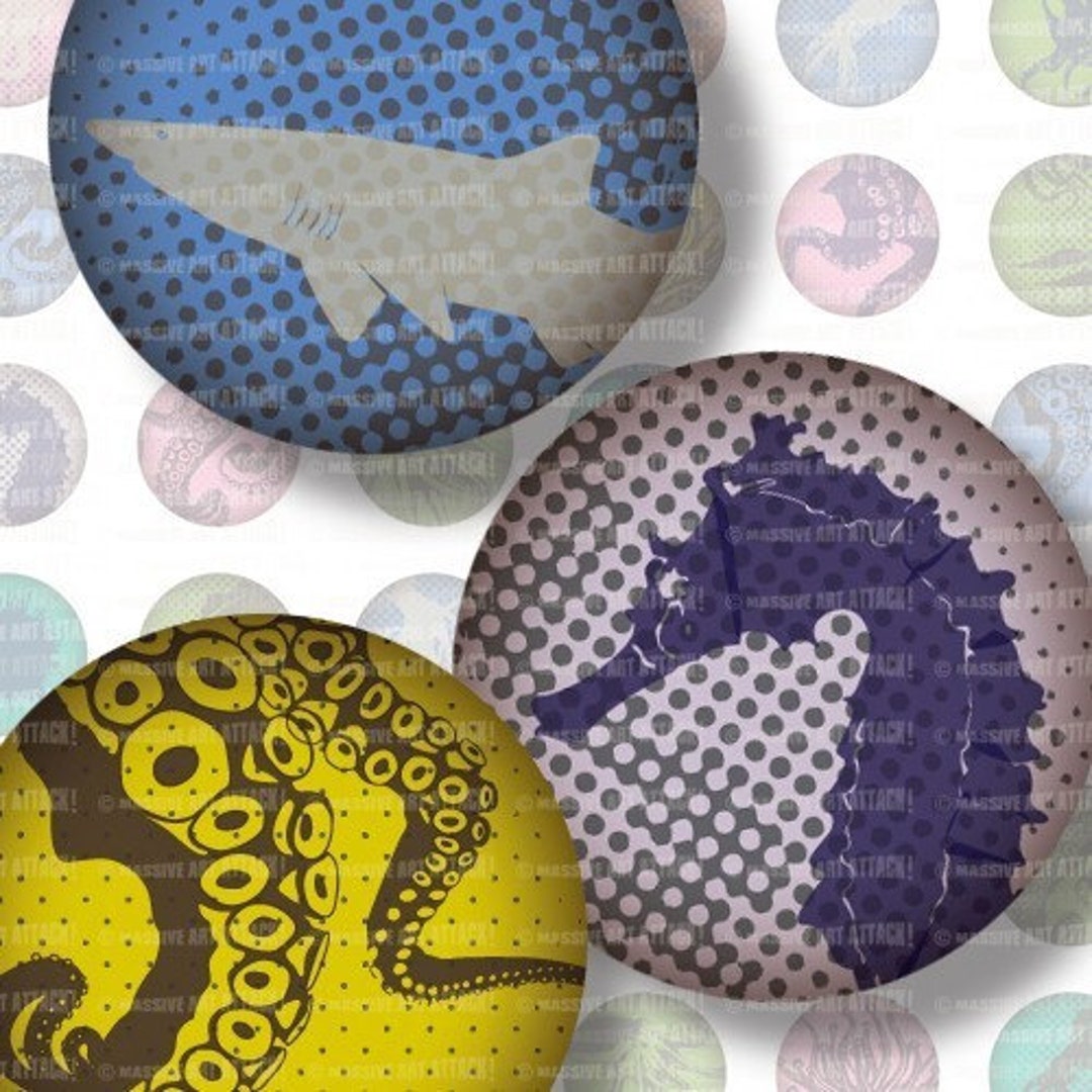 Pop Art Sea Creatures . Digital Collage Sheet . 1 Inch Circles . Sheet ...