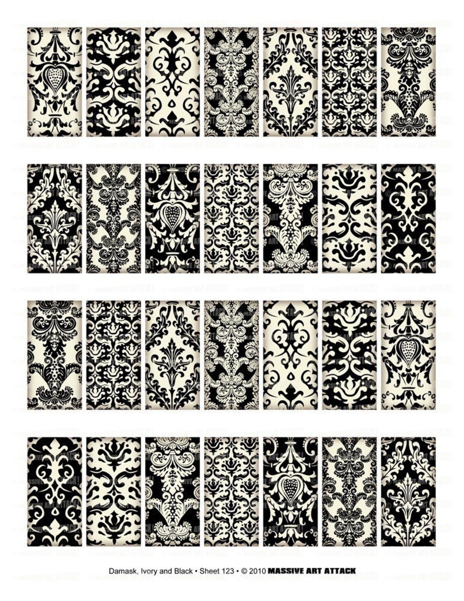 Ivory and Black Damask Domino Tiles . Printable Collage Sheet 123 . 1 X ...