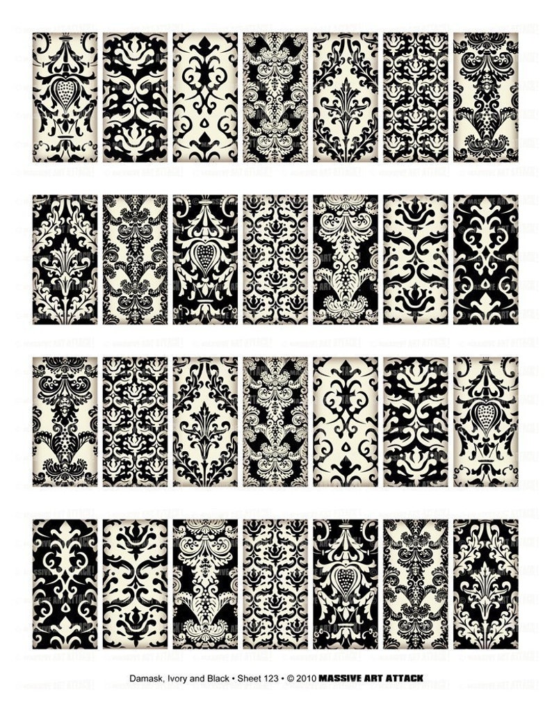Ivory and Black Damask Domino Tiles . Printable Collage Sheet 123 . 1 X ...
