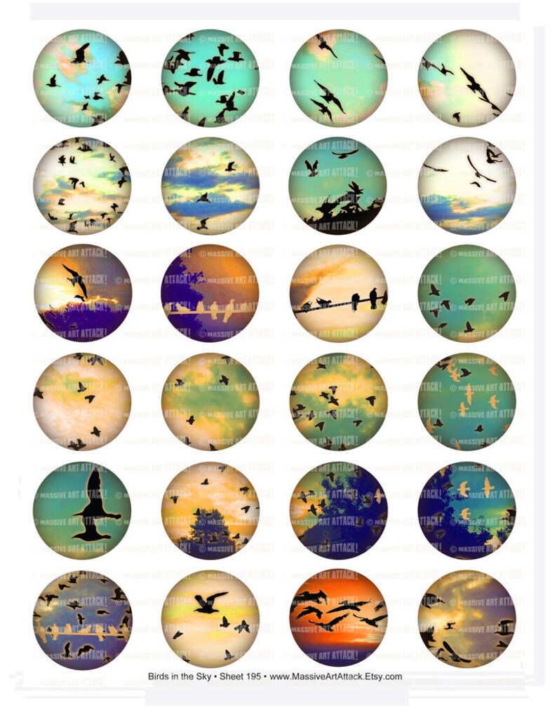Flocks of Birds on Vintage Skies . Digital Collage Sheet 195 . 1.5 Inch ...