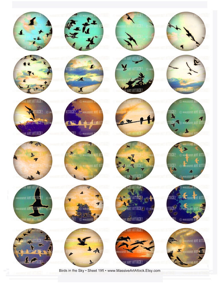 Flocks of Birds on Vintage Skies . Digital Collage Sheet 195 . 1.5 Inch ...