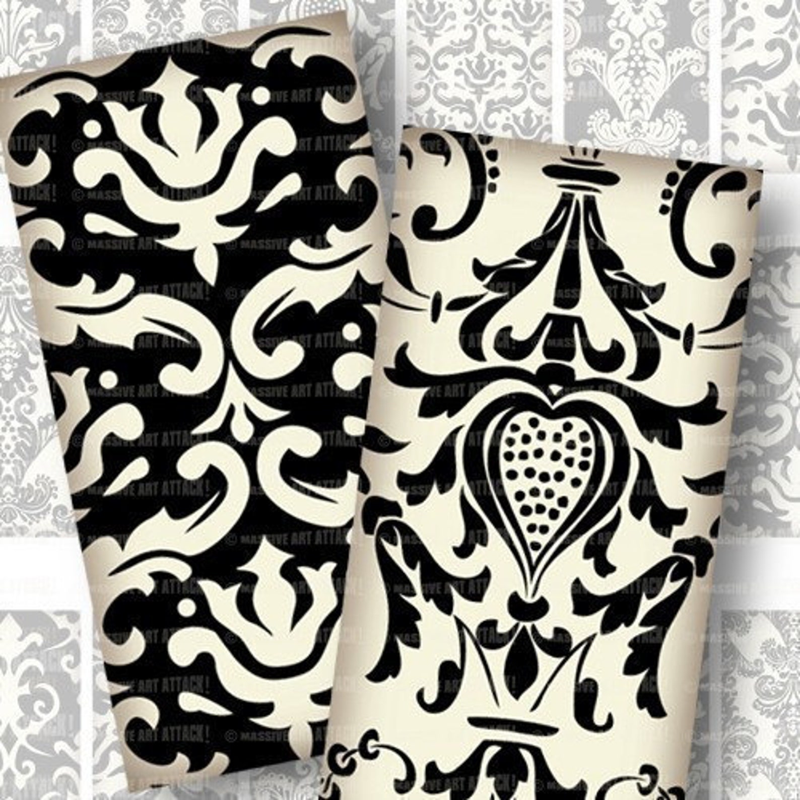 Ivory and Black Damask Domino Tiles . Printable Collage Sheet 123 . 1 X ...