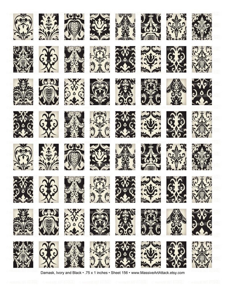 Ivory and Black Damask . Digital Collage Sheet 156 . 1 Inch X - Etsy