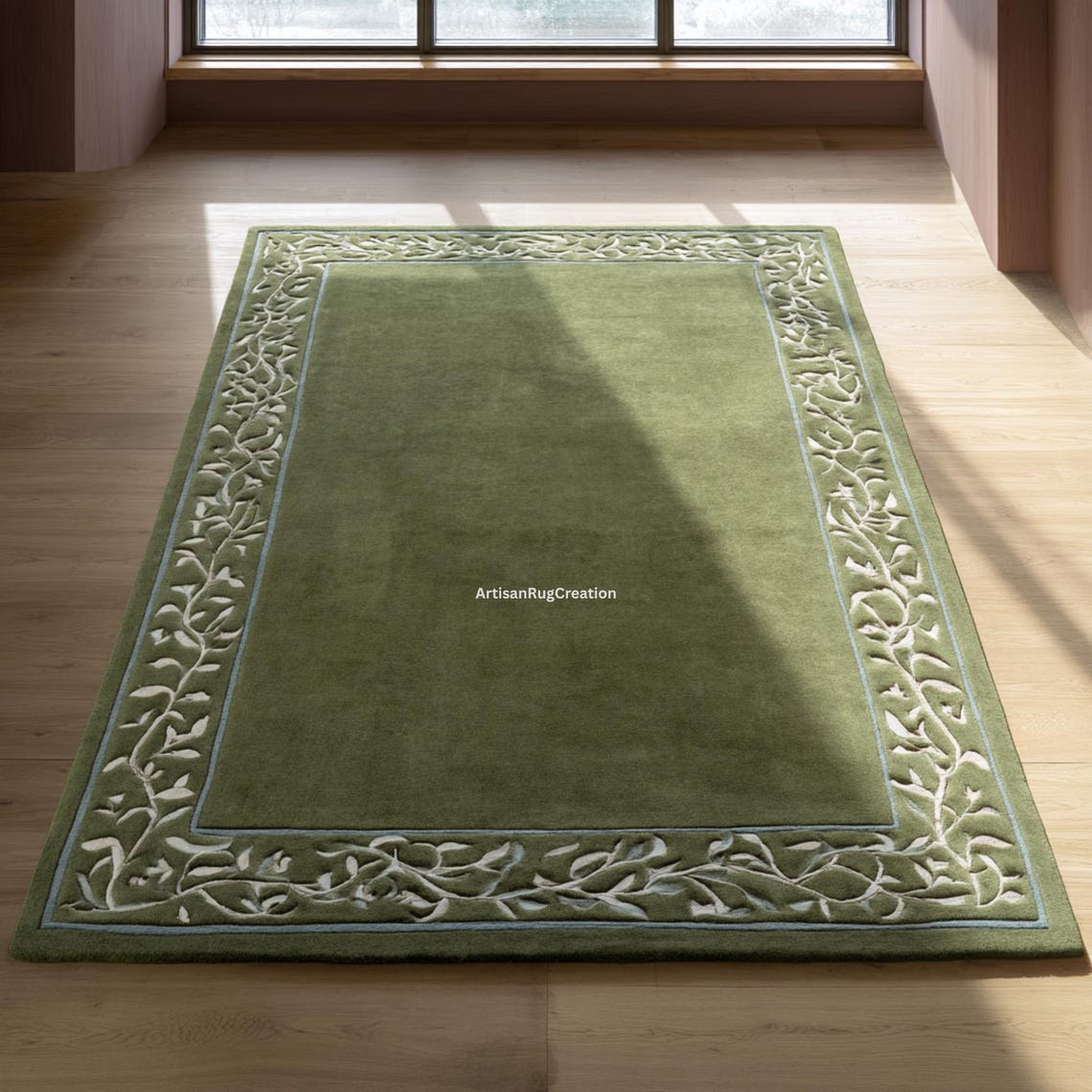 Elegant Green Wool Rug With Carved Leaf Border – Hand-tufted Botanical ...