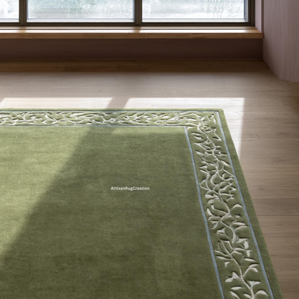 Elegant Green Wool Rug With Carved Leaf Border – Hand-tufted Botanical ...