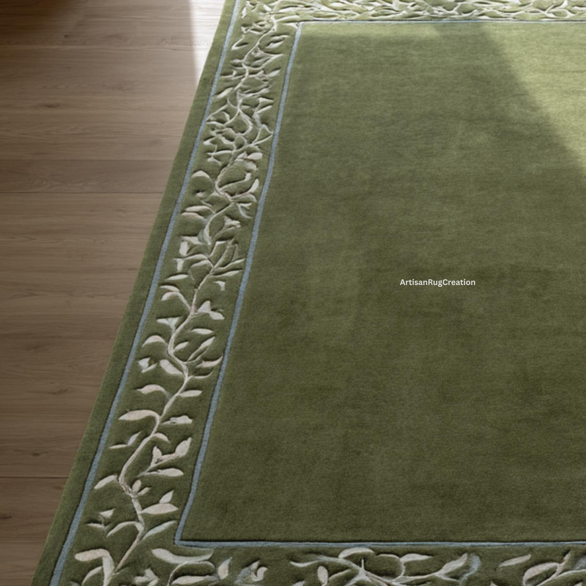 Elegant Green Wool Rug With Carved Leaf Border – Hand-tufted Botanical ...