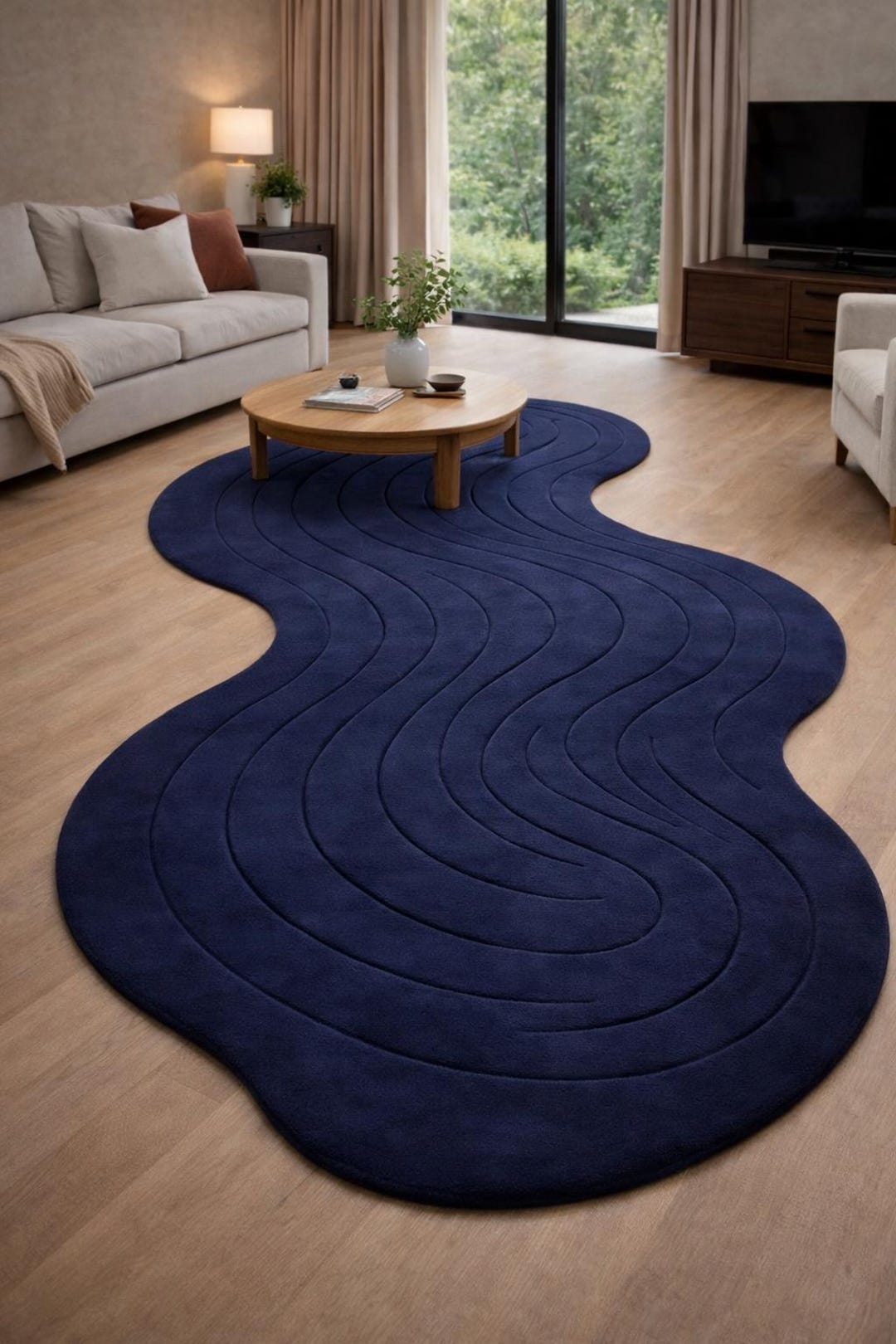 Handmade Navy Blue Wavy Rug, Large Irregular Abstract Area Rug, Custom ...