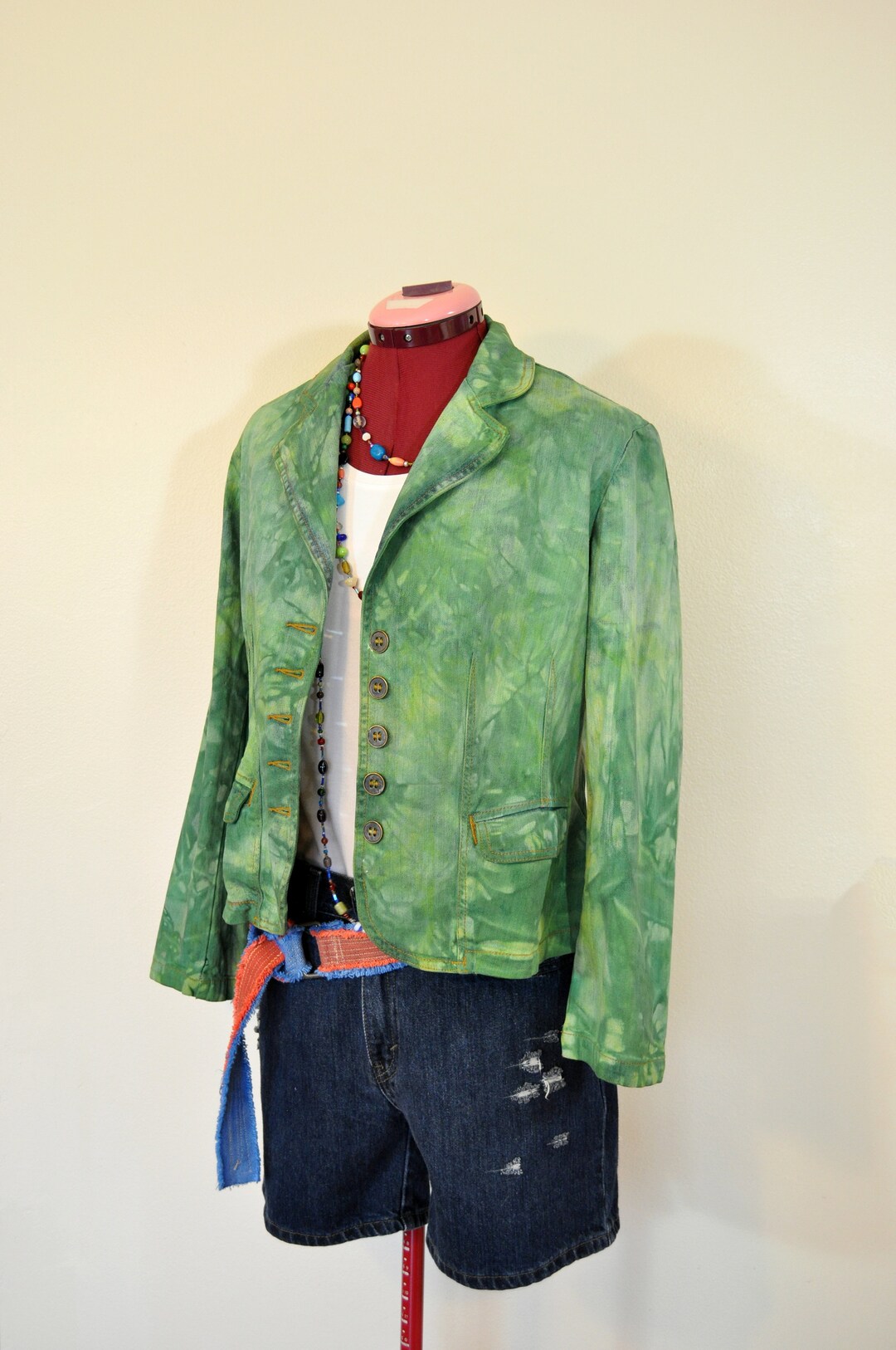 Green Womens Small Denim JACKET - Kelly Lime Mottled Dyed Upcycled St ...