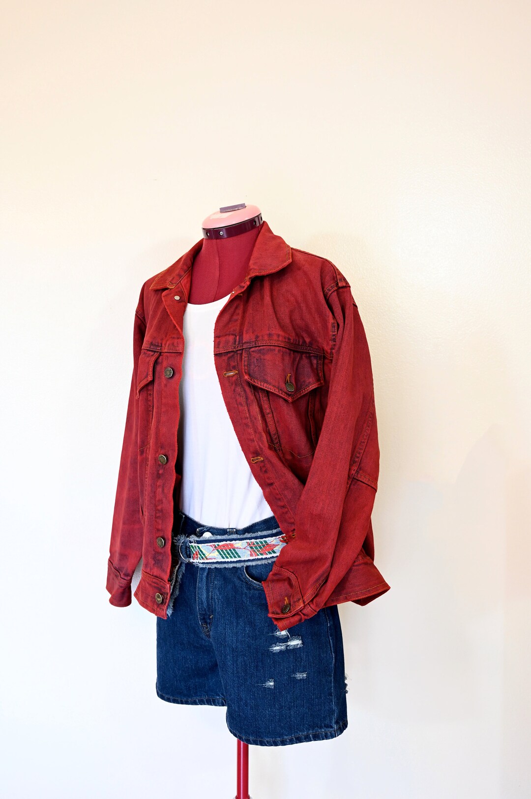 Red Men Small Denim JACKET - Scarlet Red Dyed Upcycled Anzani Cotton ...