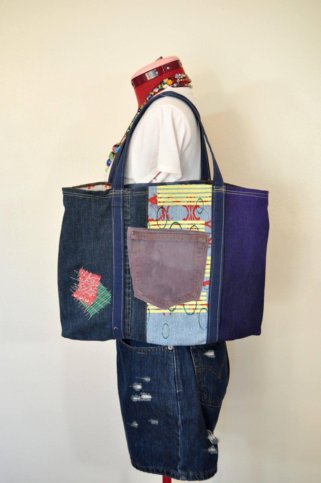 Rustic Dyed Denim Handbag Tote Screen Print Flower Hand Made - Etsy
