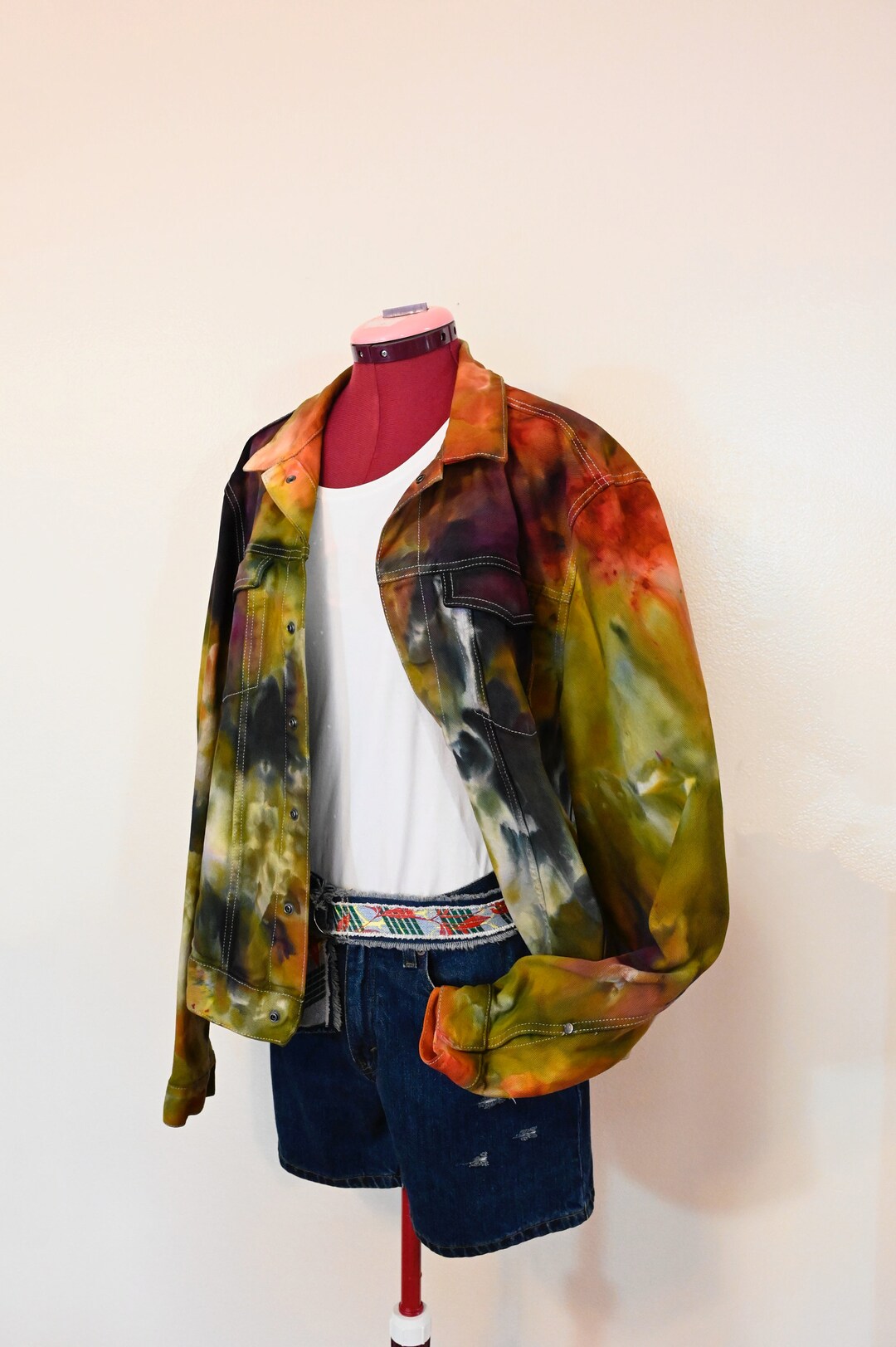 Green Mens Large Denim JACKET - Rust Moss Green Ice Dyed Upcycled Monte ...