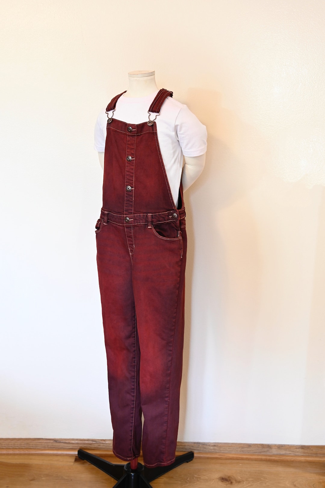 Maroon Kid 14 Large Bib OVERALL Pants - Dark Red Dyed Upcycled Oshkosh ...