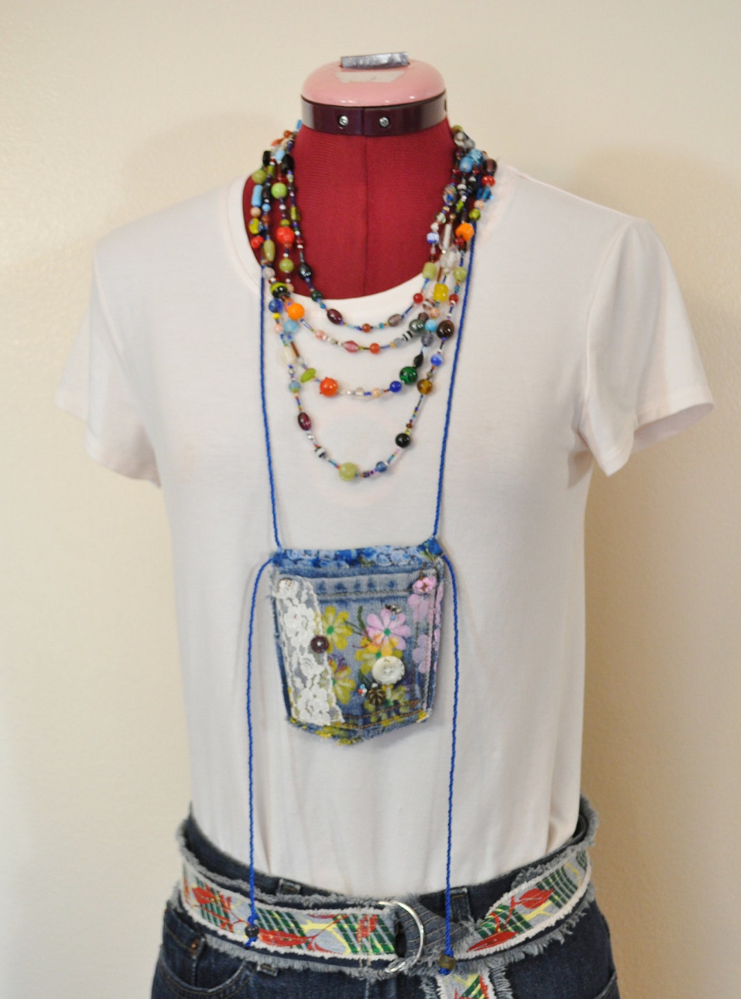 Textile Fabric Collage PENDANT - Denim Fabric Screen Printed Painted ...