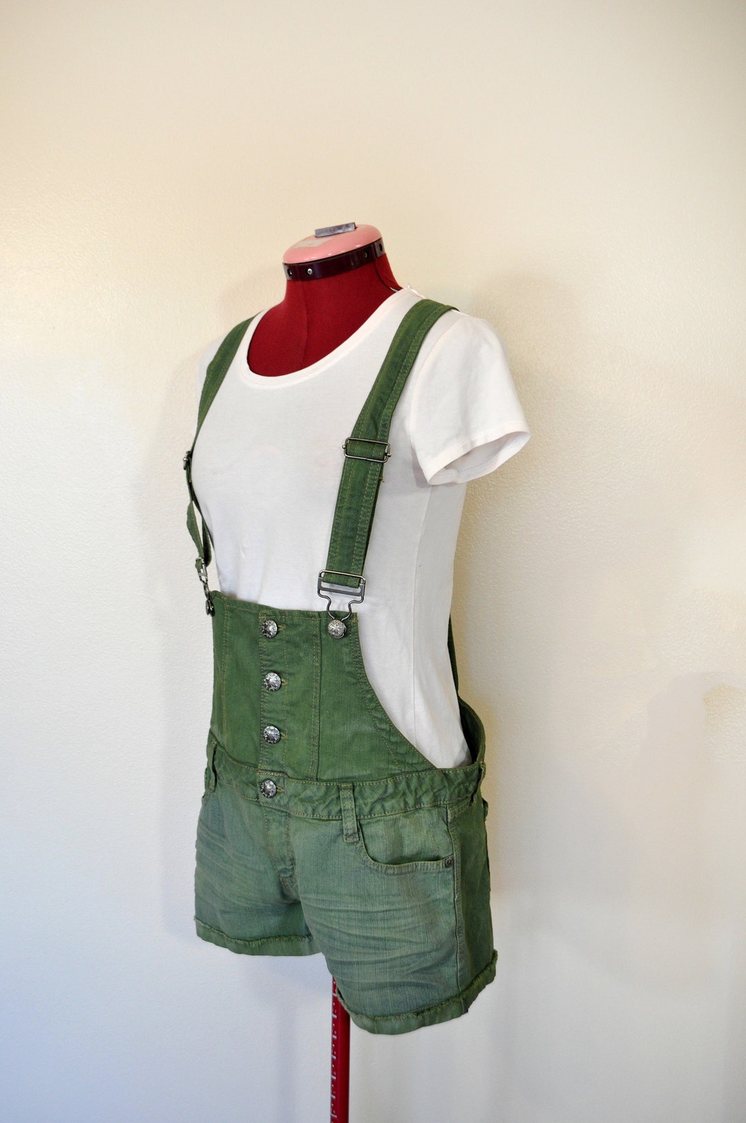 Green Womens Jrs. Large Bib OVERALL Shorts - Apple Green Dyed Upcycled ...