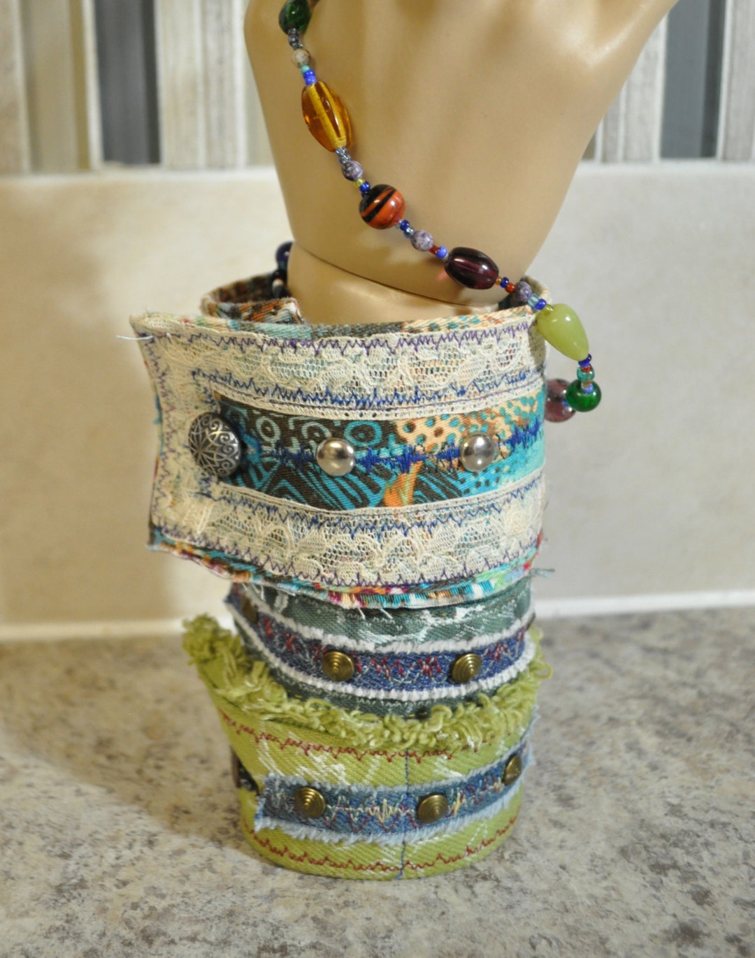 Teal Cotton Wristlette CUFF 79 8.5 Cuff Fiber Textile - Etsy