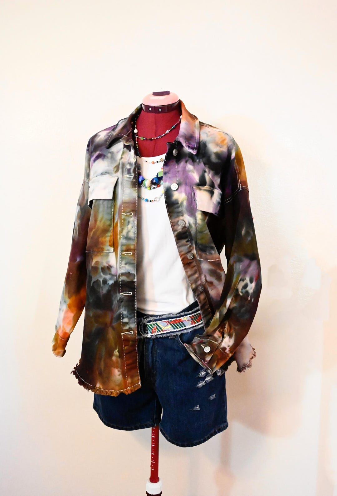 Moss Women's Small Denim JACKET - Rust Red Green Ice Dyed Upcycled ...