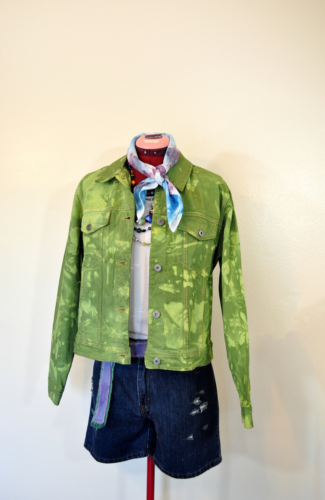 Green Womens Large Denim JACKET - Apple Green Mottled Dyed Upcycled Liz ...