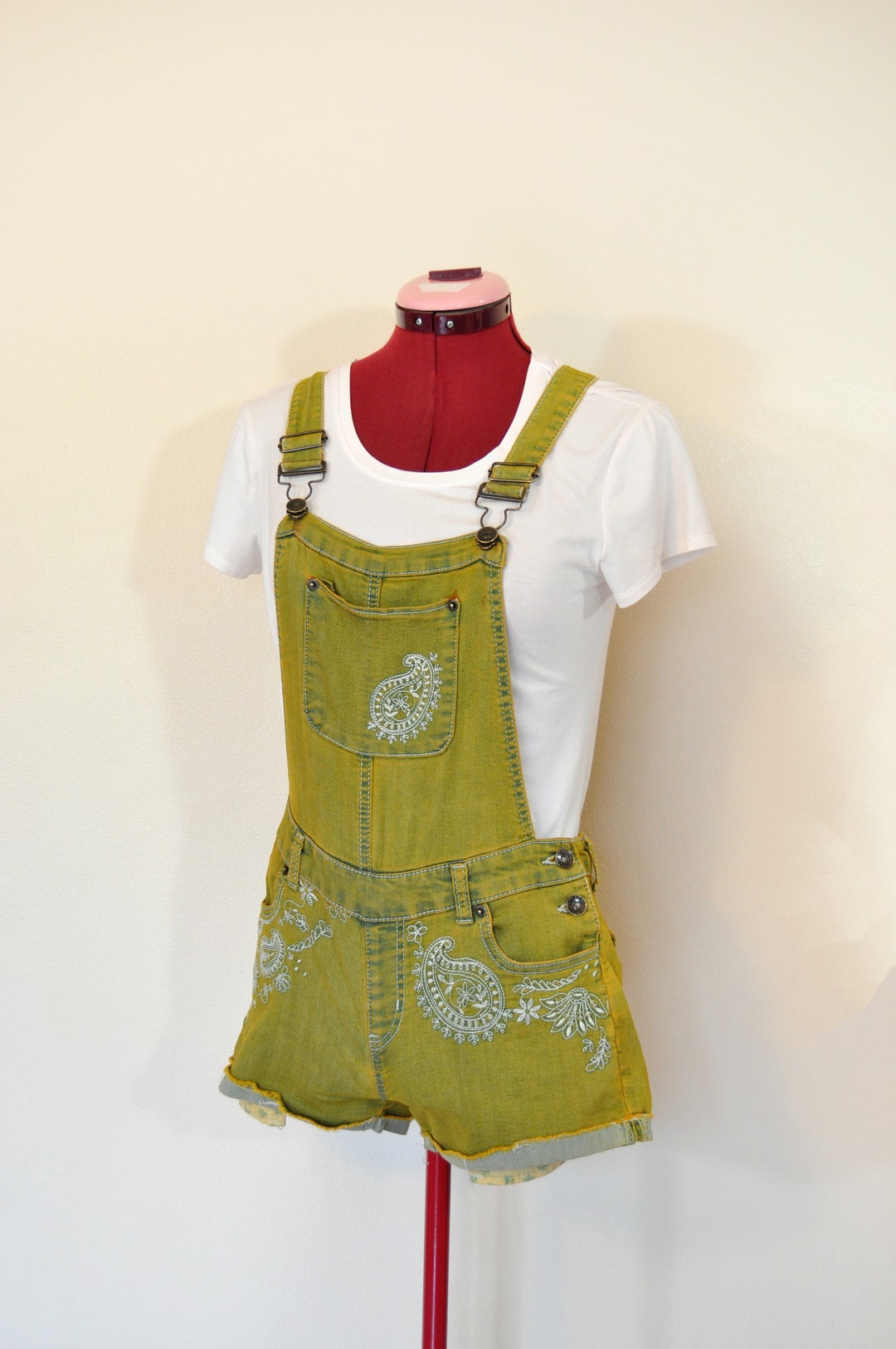 Gold Teen Sz 14 Denim Bib OVERALL Shorts - Yellow Gold Dyed Upcycled ...