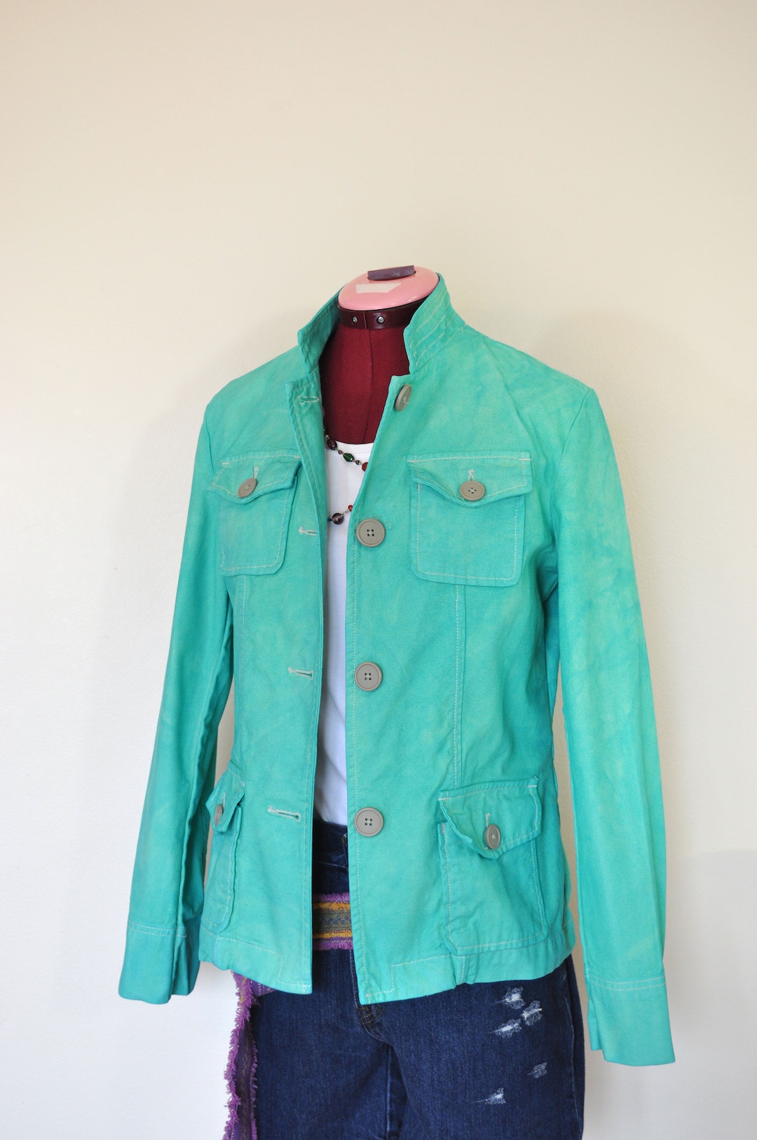 Teal Womens Small Denim JACKET - Turquoise Dyed Upcycled Safari Blazer ...