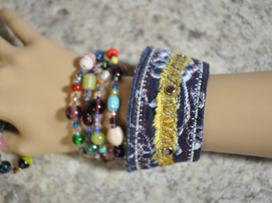 Black Denim Wristlette Cuff 36 7.5 Cuff Fiber Textile Art Dyed Upcycled ...