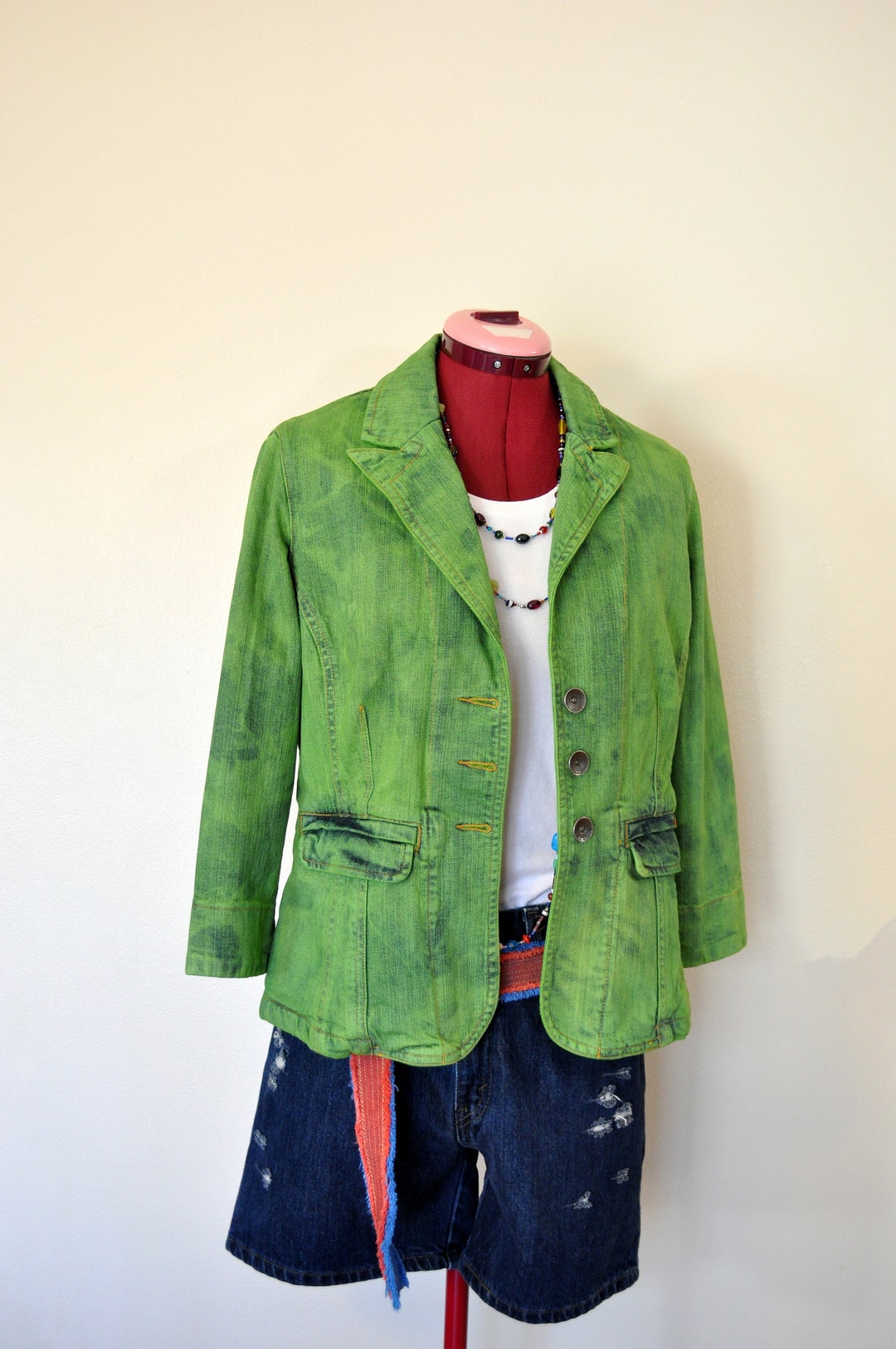 Green Dyed Womens Medium Upcycled Vertigo Denim Blazer JACKET (40 ...