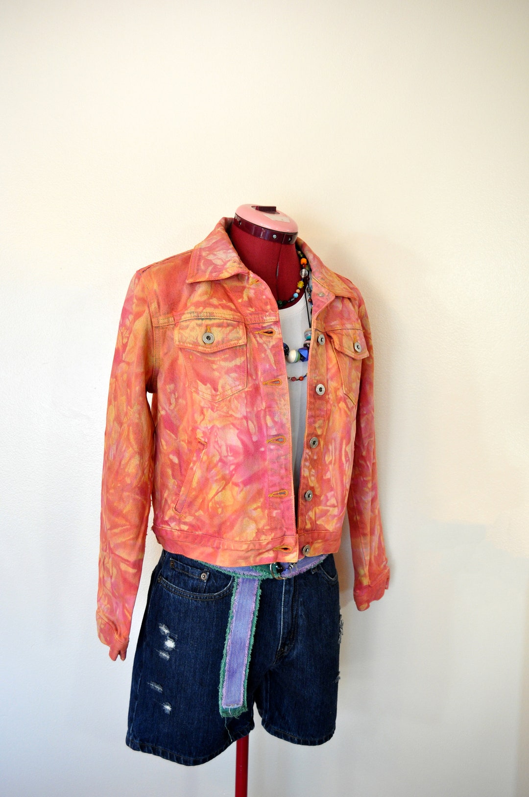 Pink Womens Small Denim JACKET - Orange Cherry Dyed Upcycled Express ...