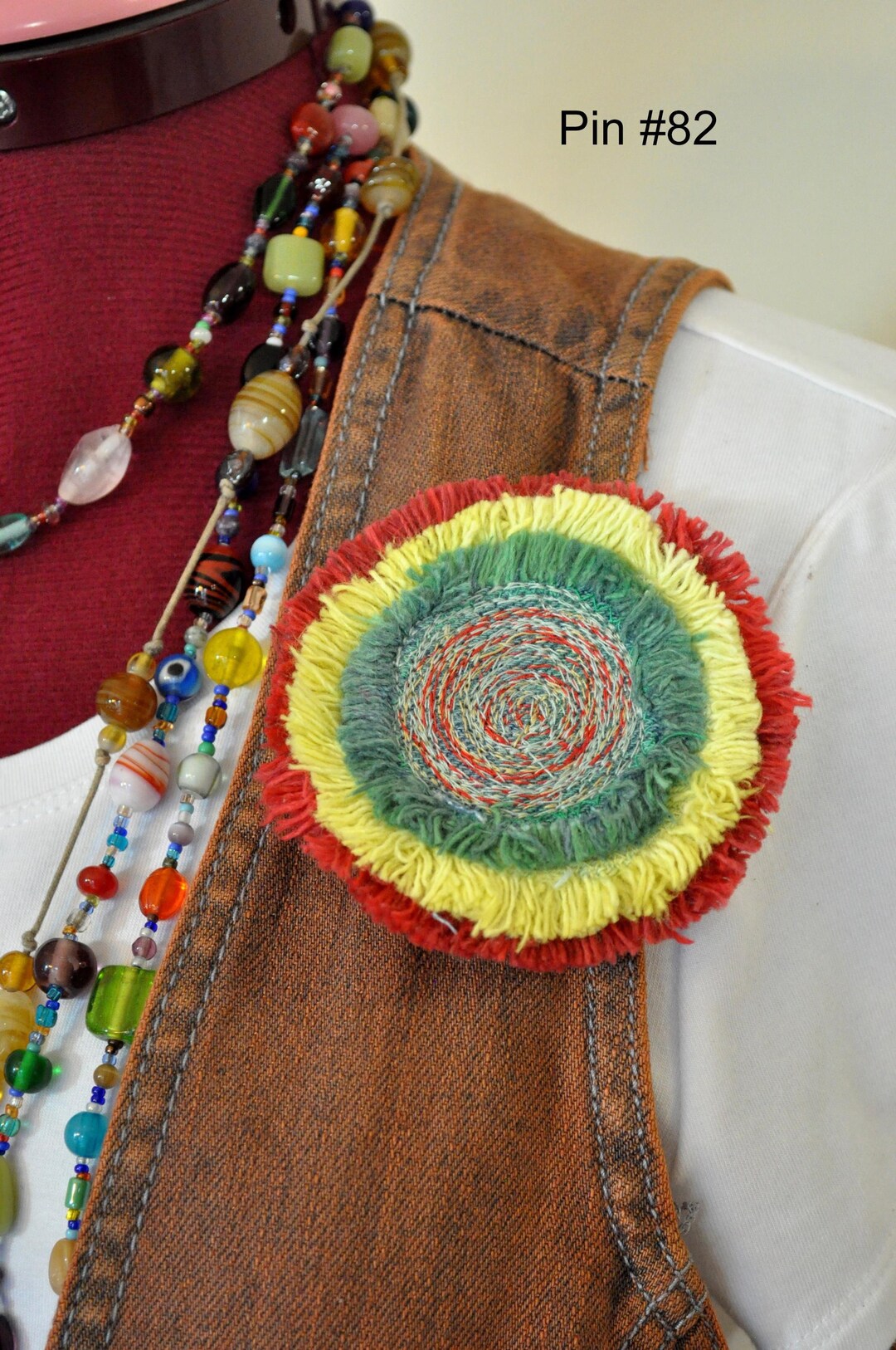 Dyed Upcycled Denim Circle Corsage BR00CH Pin Clip (3- 4