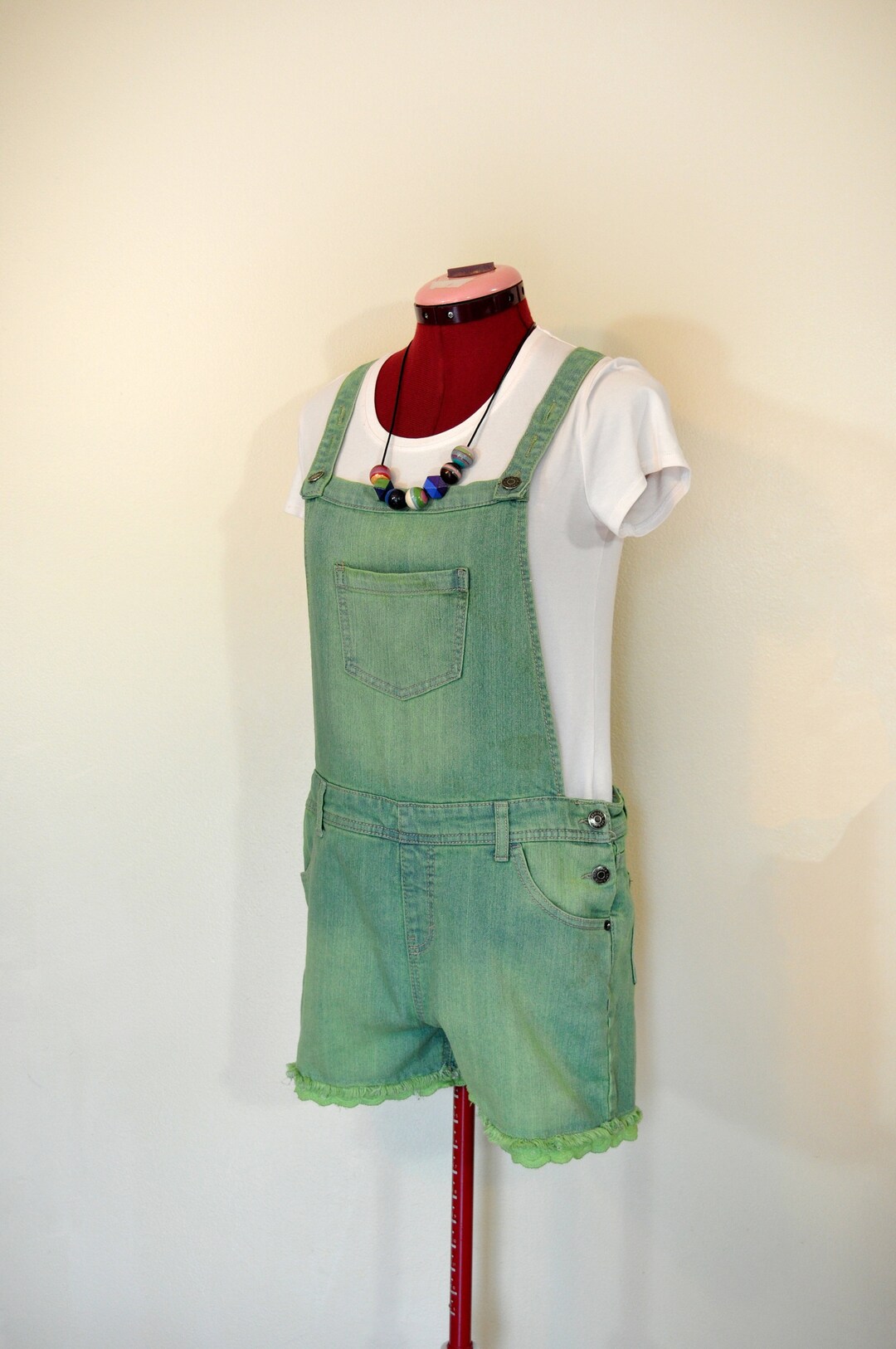 Green Womens Jrs. XL Bib OVERALL Shorts - Green Dyed Upcycled Cat ...