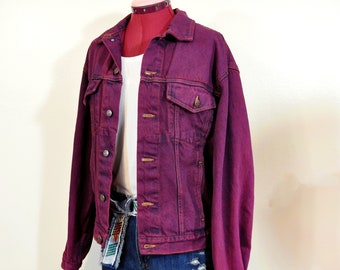 Red Mens Small Denim JACKET Wine Red Solid Dyed Upcycled Georges Cotton ...