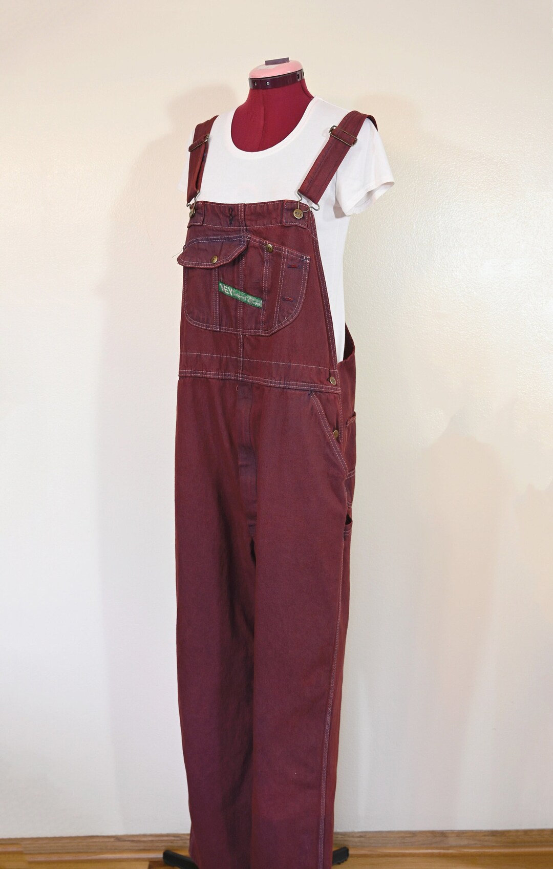 Red XL Bib OVERALL Pants Dark Red Dyed Upcycled Key Imperial Cotton ...