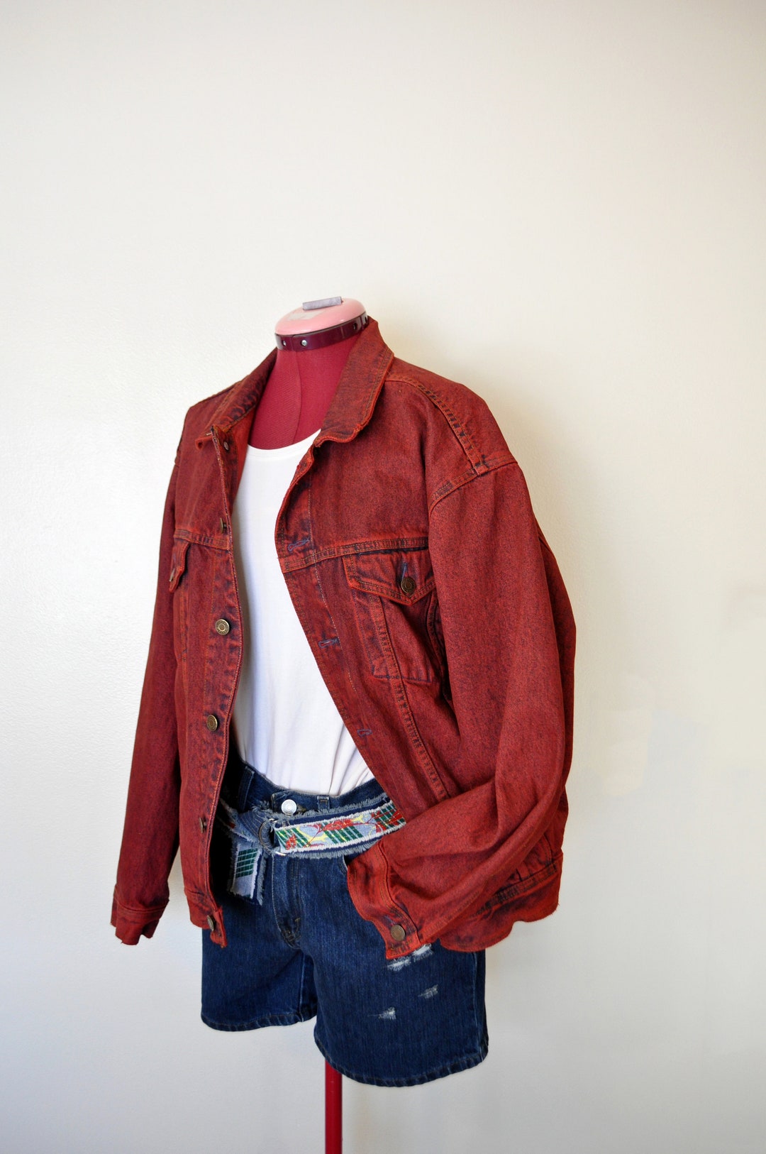 Red Men Medium Denim JACKET Scarlet Red Dyed Upcycled Gap Cotton Denim ...